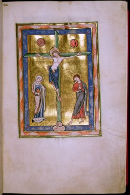 Frau.12.f12r Kreuzigung mit der Jungfrau Maria und Johannes, aus dem Peterborough Psalter, um 1260